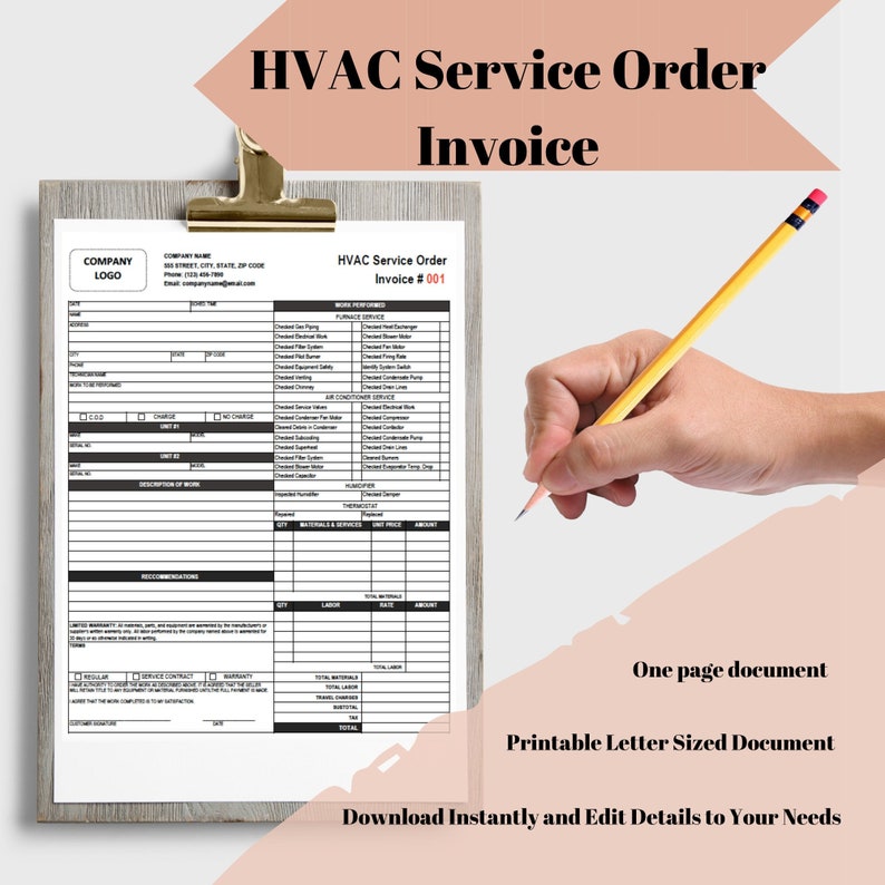 Customizable HVAC Service Order Invoice Form Printable - Etsy