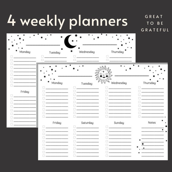 4x Weekly Printable Planner Sun Moon Stars Weekly Calendar | Etsy