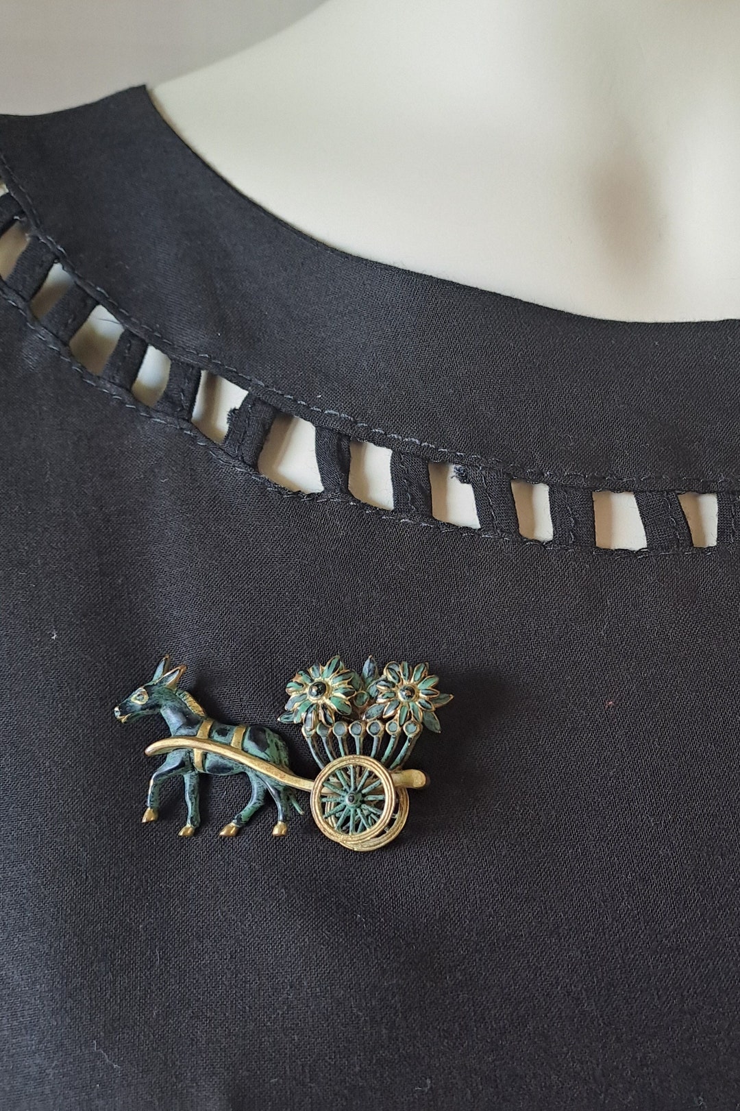 High Quality Donkey and Cart 3D Brooch. Painted Brass Brooch. 1930's to ...