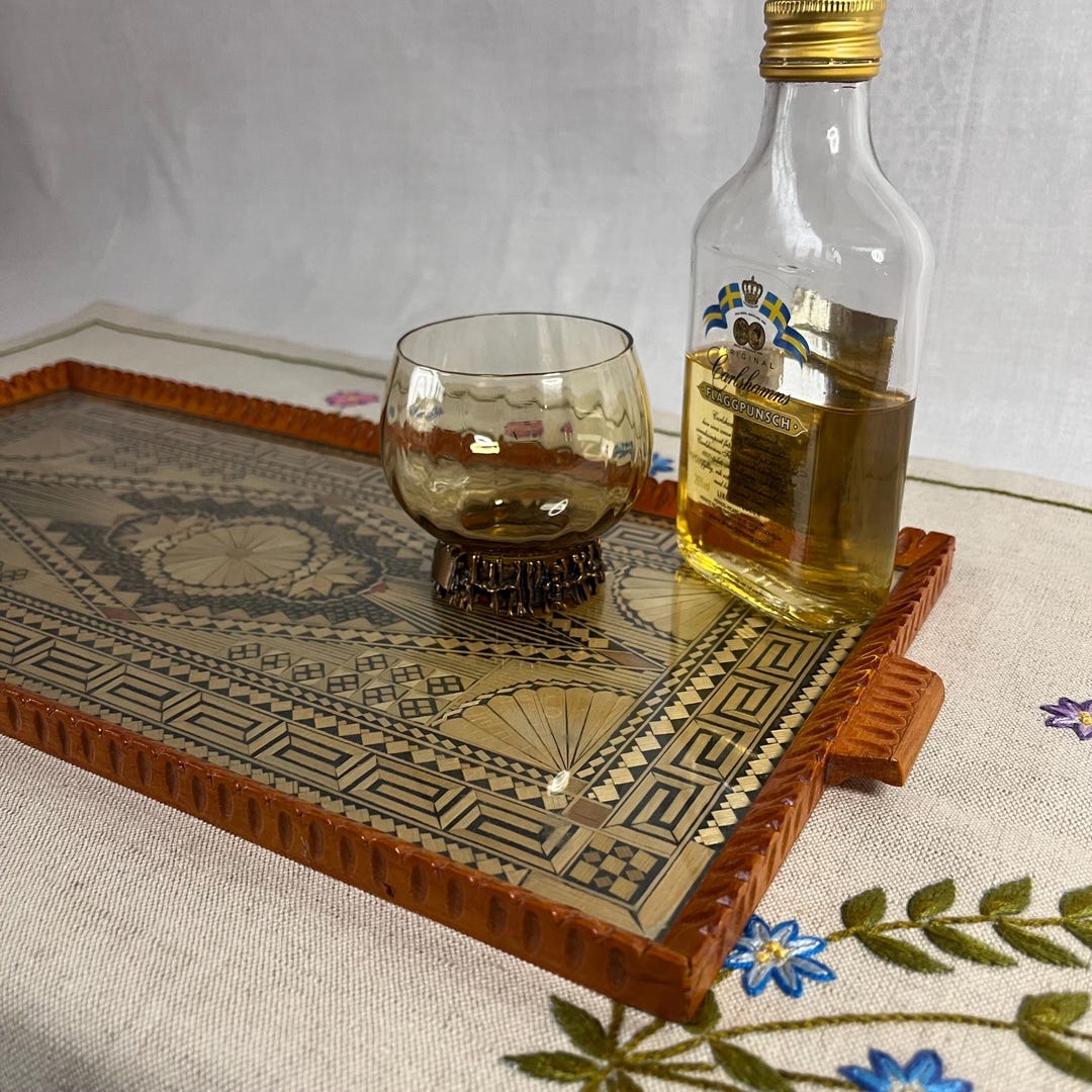 Straw Decorated Wooden Tray. Small Tray. Unique Tray With Intricate ...