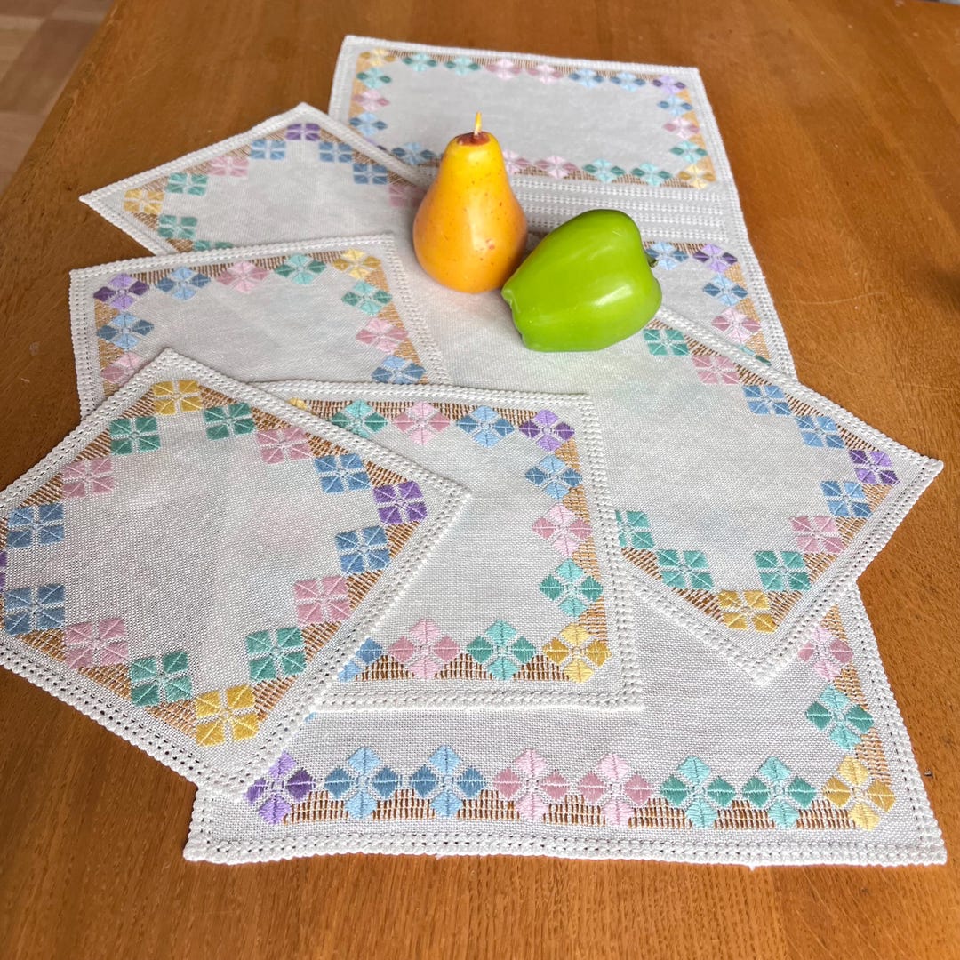 5 Piece Hand Embroidered Table Linens. Vintage Runners and Small ...