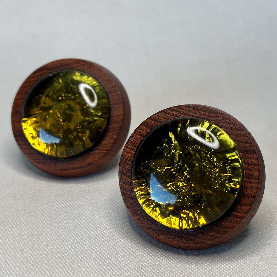 2 Piece Set of Teak and Glass Cabinet Knobs. Vintage Green and Brown ...