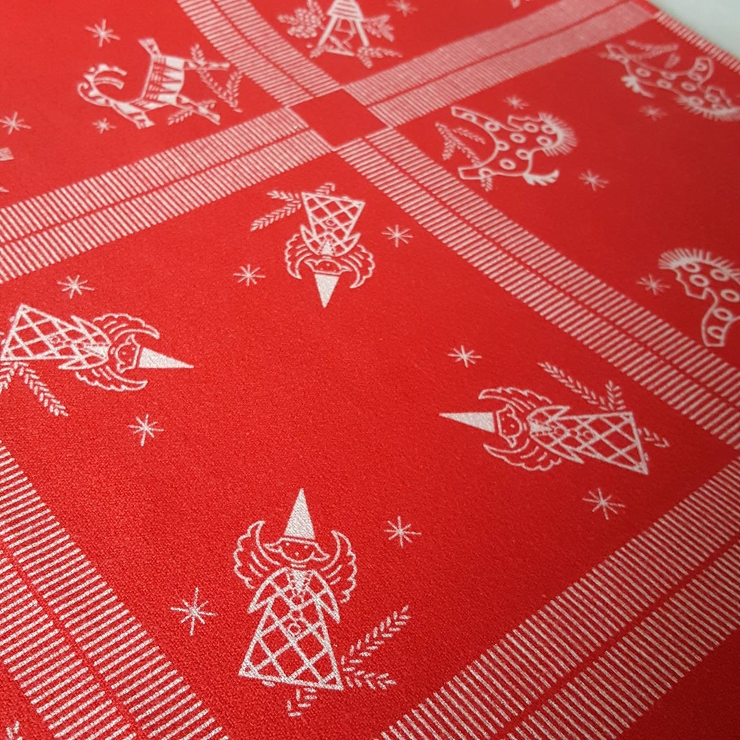 Vintage Christmas Tablecloth. Red and White Hand Printed Cotton. 16 ...
