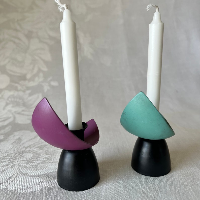 2 Small Black Metal Mid-century Candlestick Holders. With Coloured ...