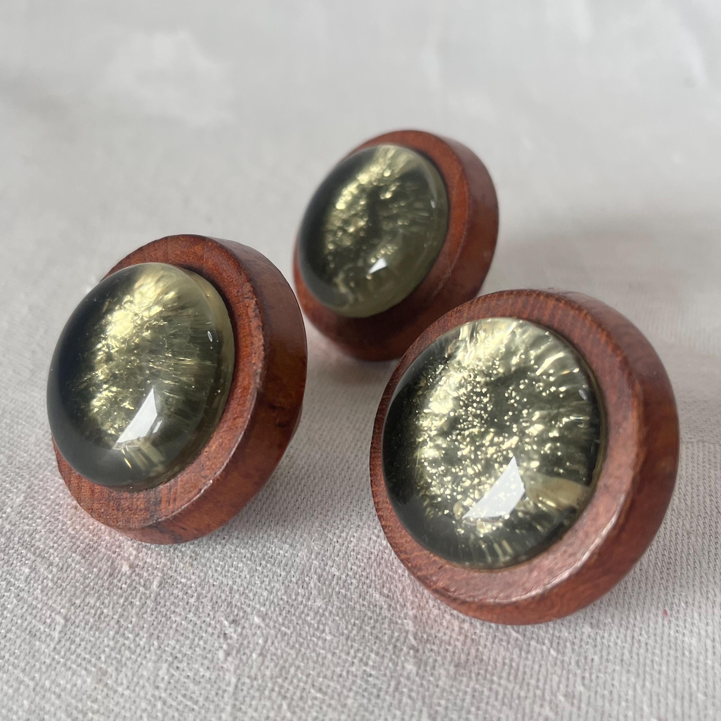 Teak Wood and Glass Cabinet Knobs. Vintage Green and Brown Knobs. Door ...