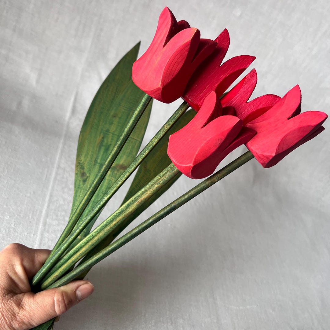 5 Folk Art Wooden Tulips. 3 Leaves in Forest Green. Vintage. Swedish ...