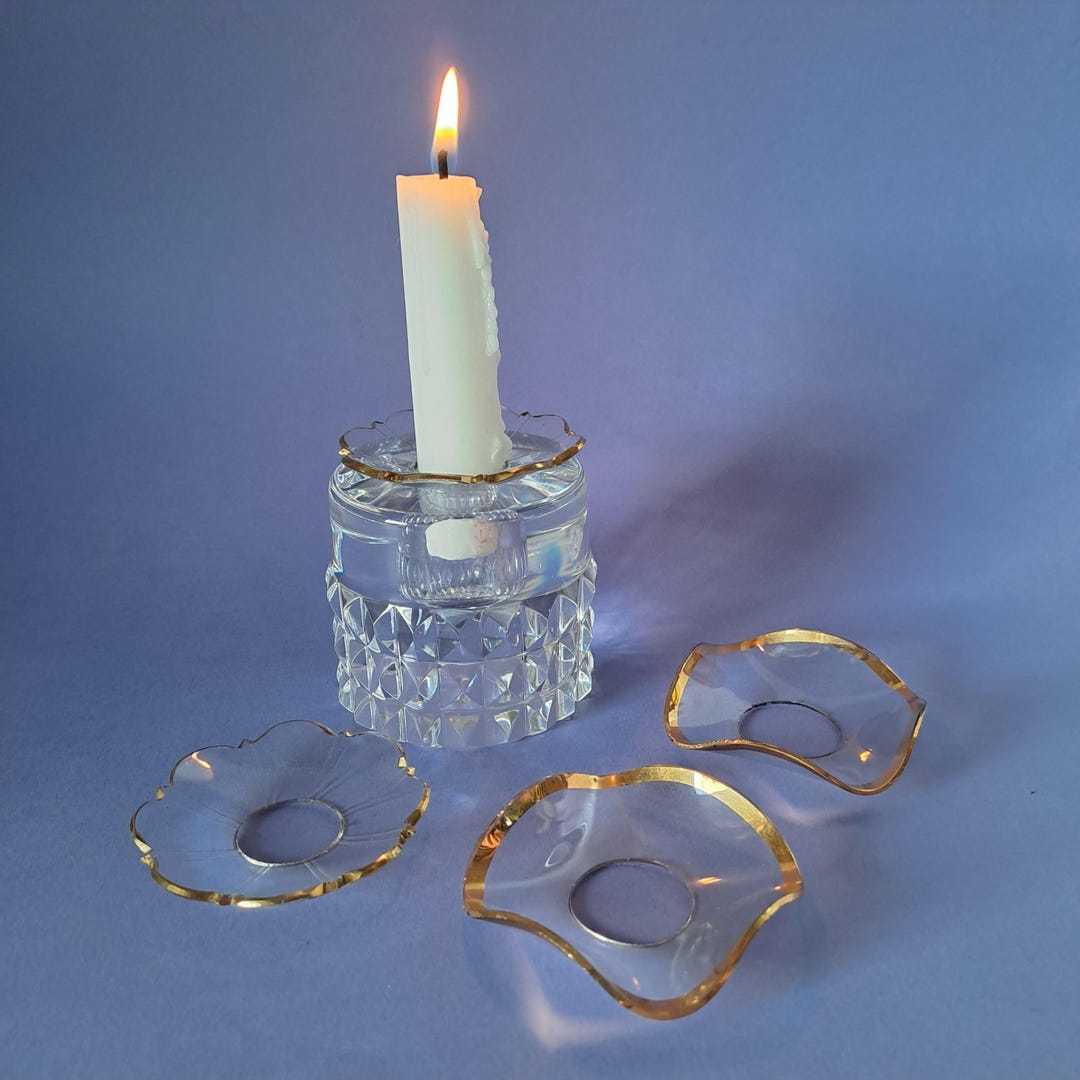 2+2 Vintage Clear Glass Wax Catchers. Gold Edges on Both. Flower Shaped ...