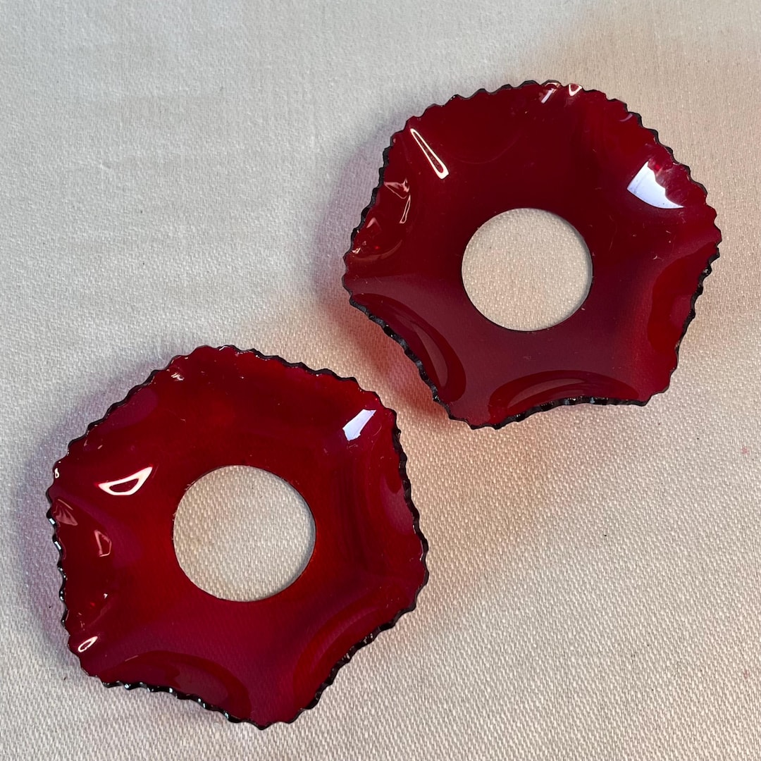 2 Vintage Glass Bobeche. Made of Gold Decorated Red Glass. Zig-zag Cut ...