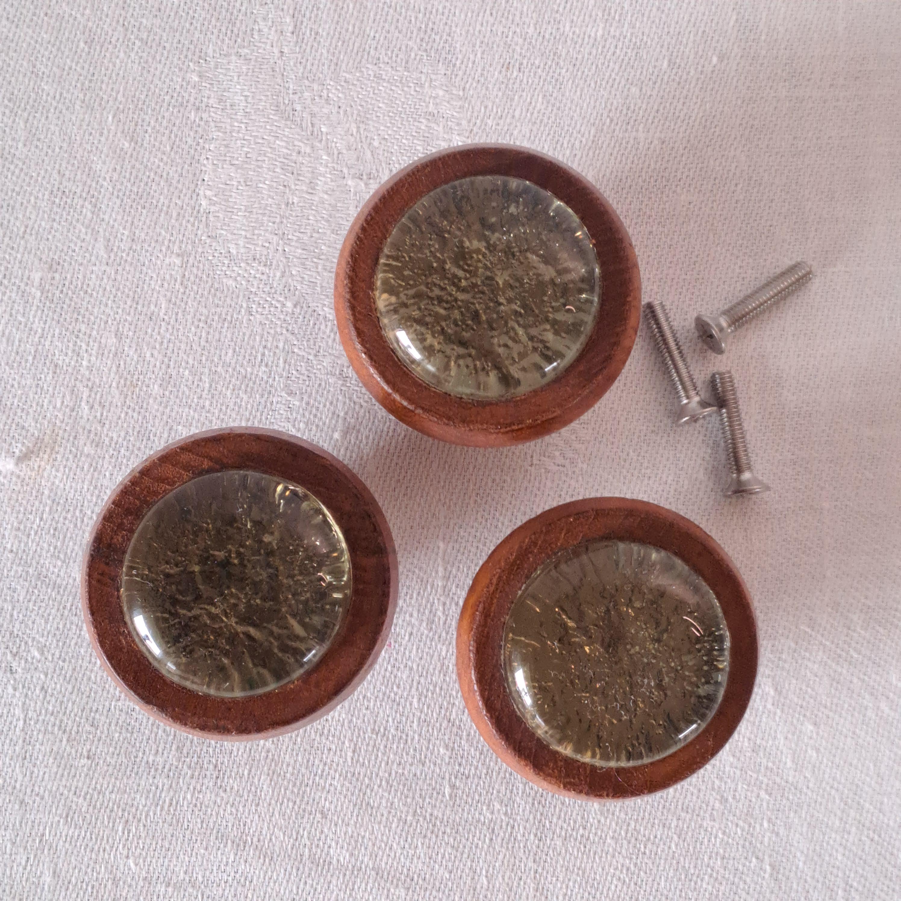 Teak Wood and Glass Cabinet Knobs. Vintage Green and Brown Knobs. Door ...
