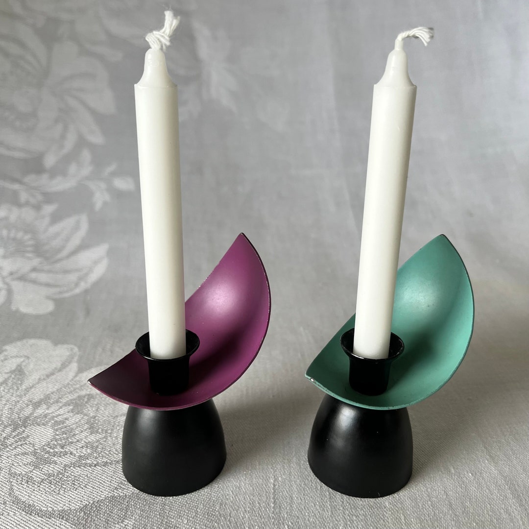 2 Small Black Metal Mid-century Candlestick Holders. With Coloured ...