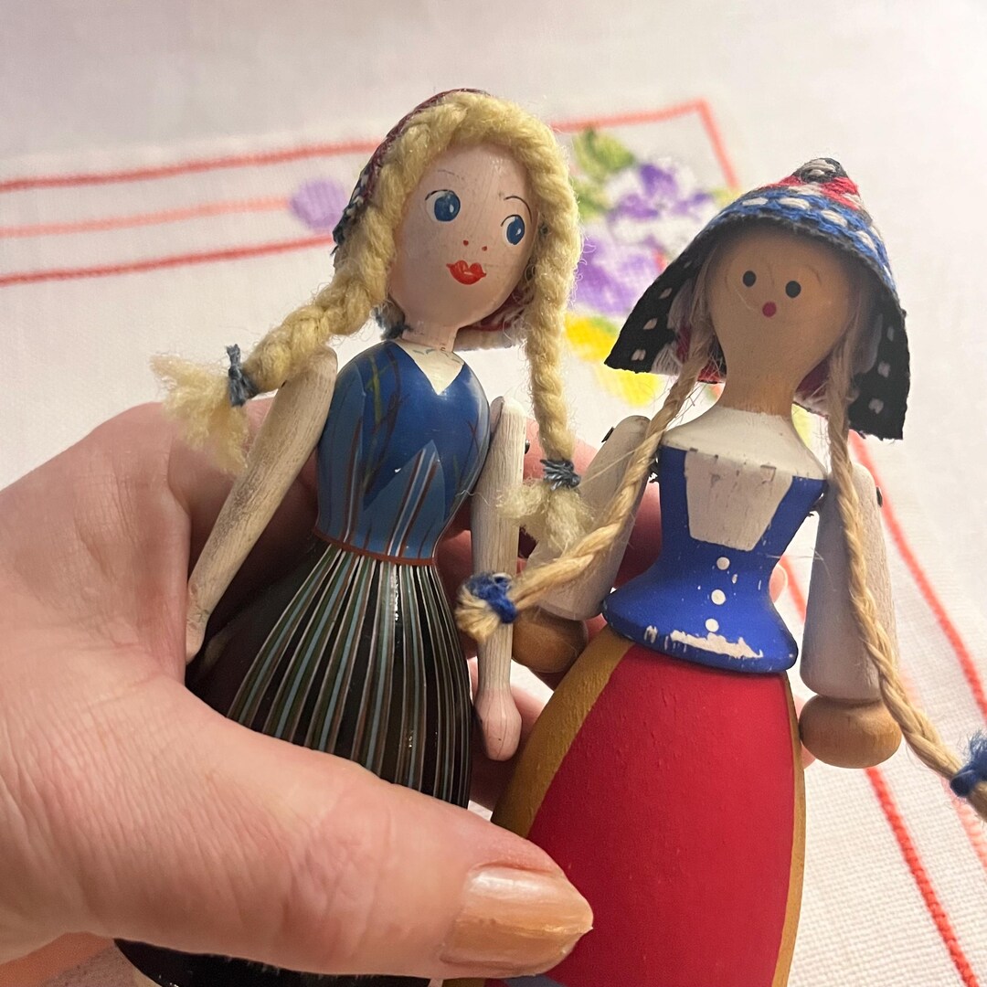 2 Vintage Swedish Folk Art Wooden Dolls. Wood Turned Miniature ...
