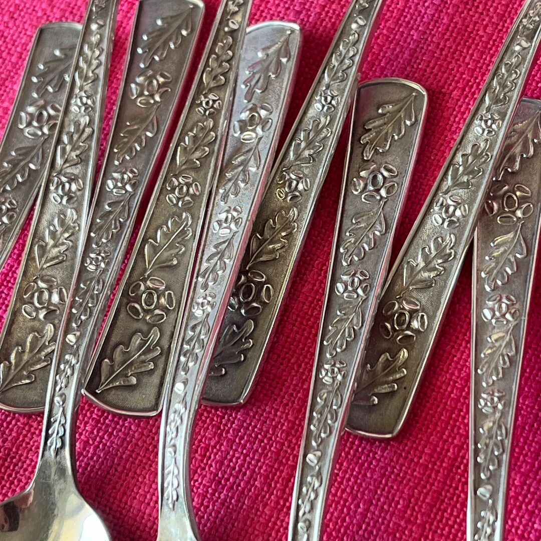 9 Silver Plated Tea or Coffee Spoons. Swedish Made in the 1950's. Oak ...