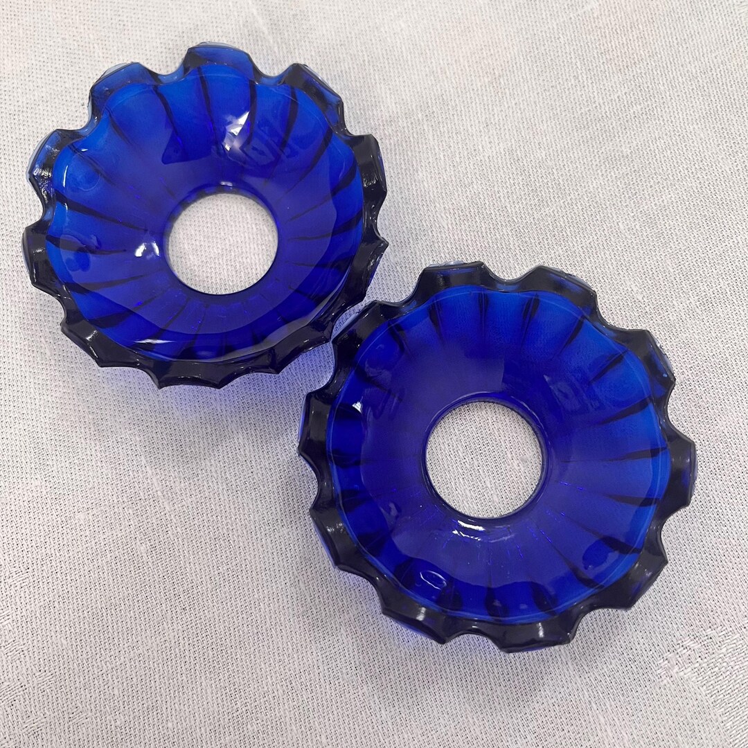 2 Vintage Cobalt Blue Glass Bobeche. MCM. Wave Like Edges. Wax Catchers ...