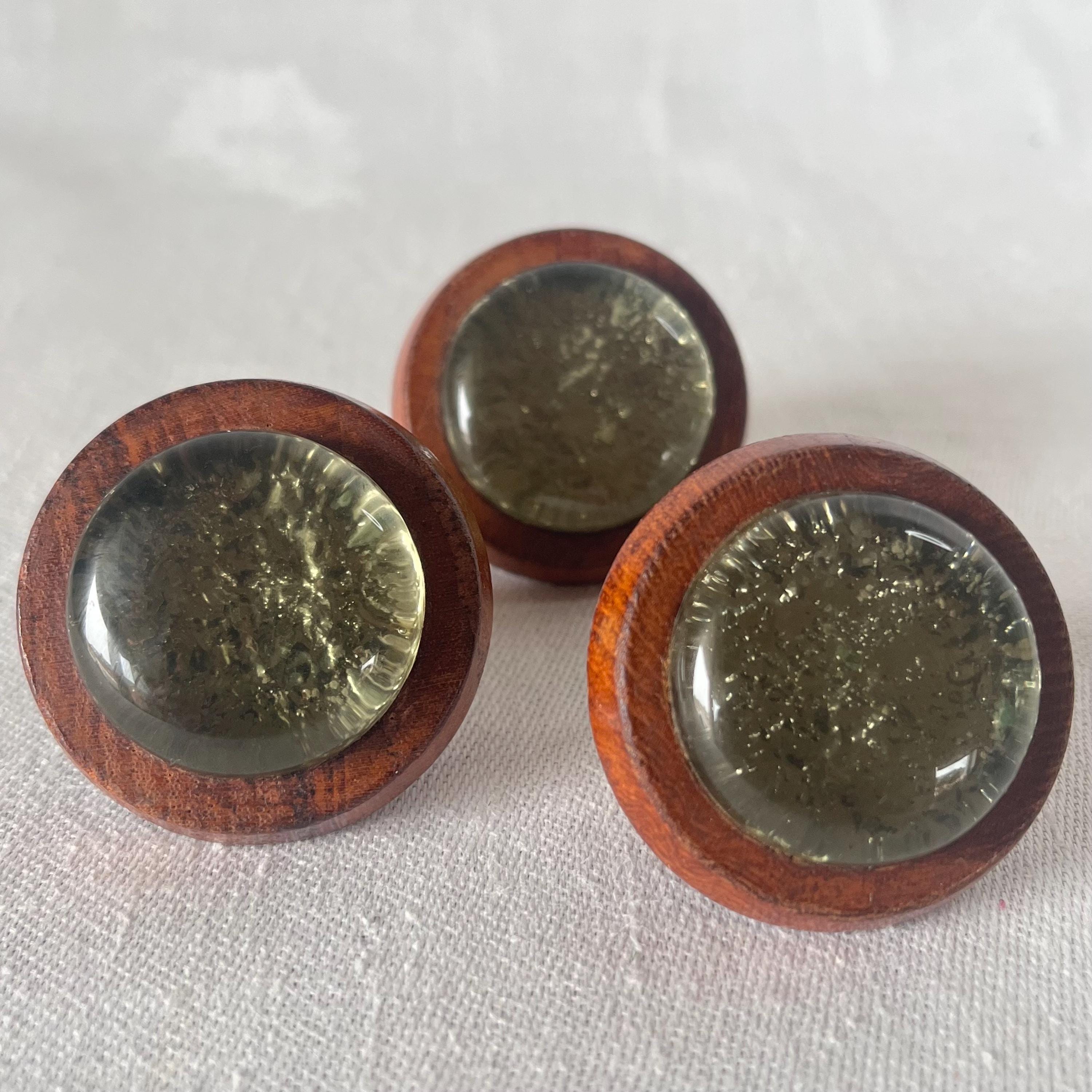 Teak Wood and Glass Cabinet Knobs. Vintage Green and Brown Knobs. Door ...