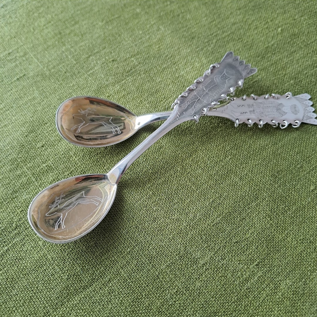 2 Solid Silver Spoons. Made by cesons Sweden. Engraved With a Sami Man ...
