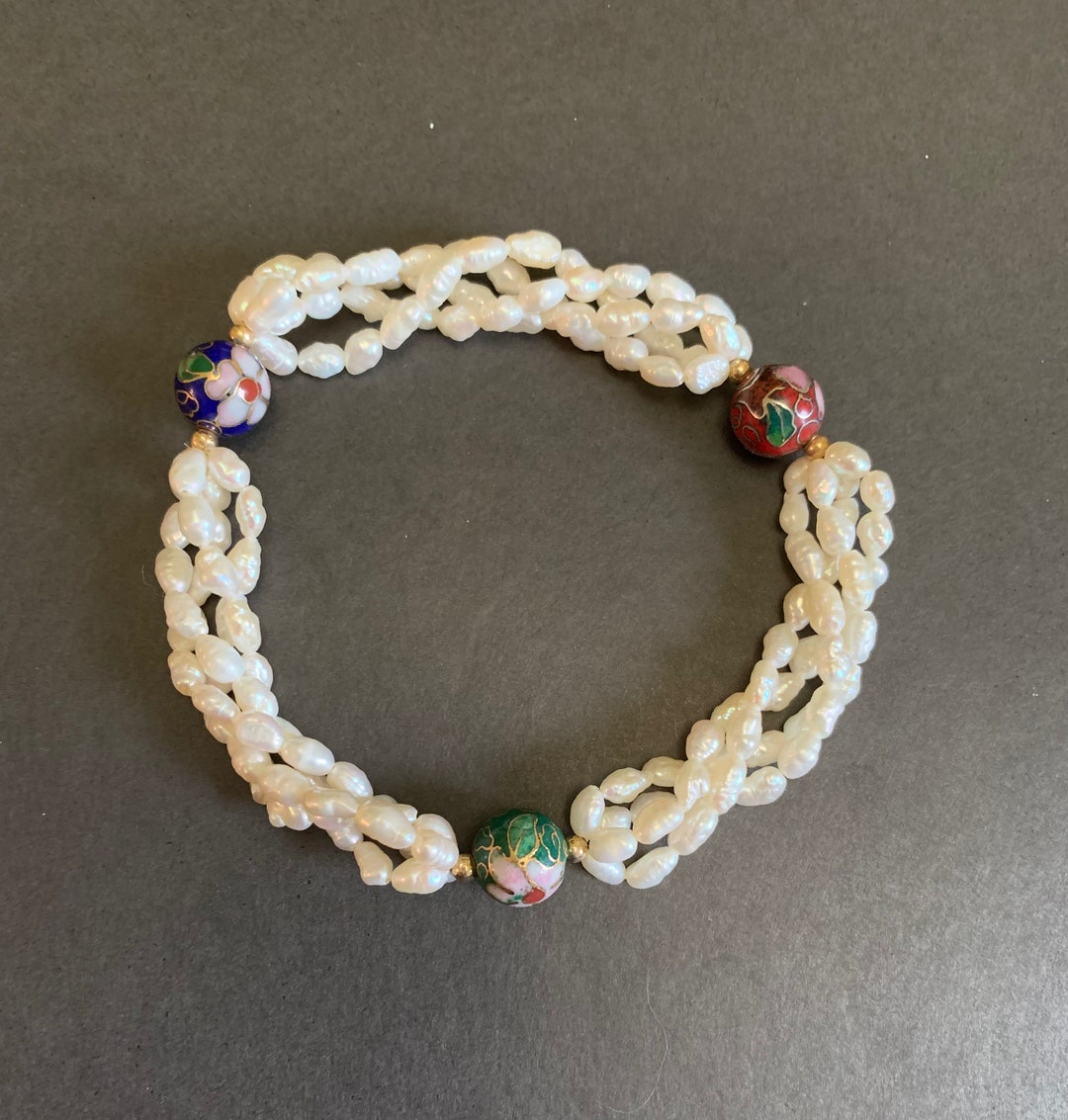 Vintage Multi Strand Rice Pearl Necklace With Cloisonné, Necklace and ...