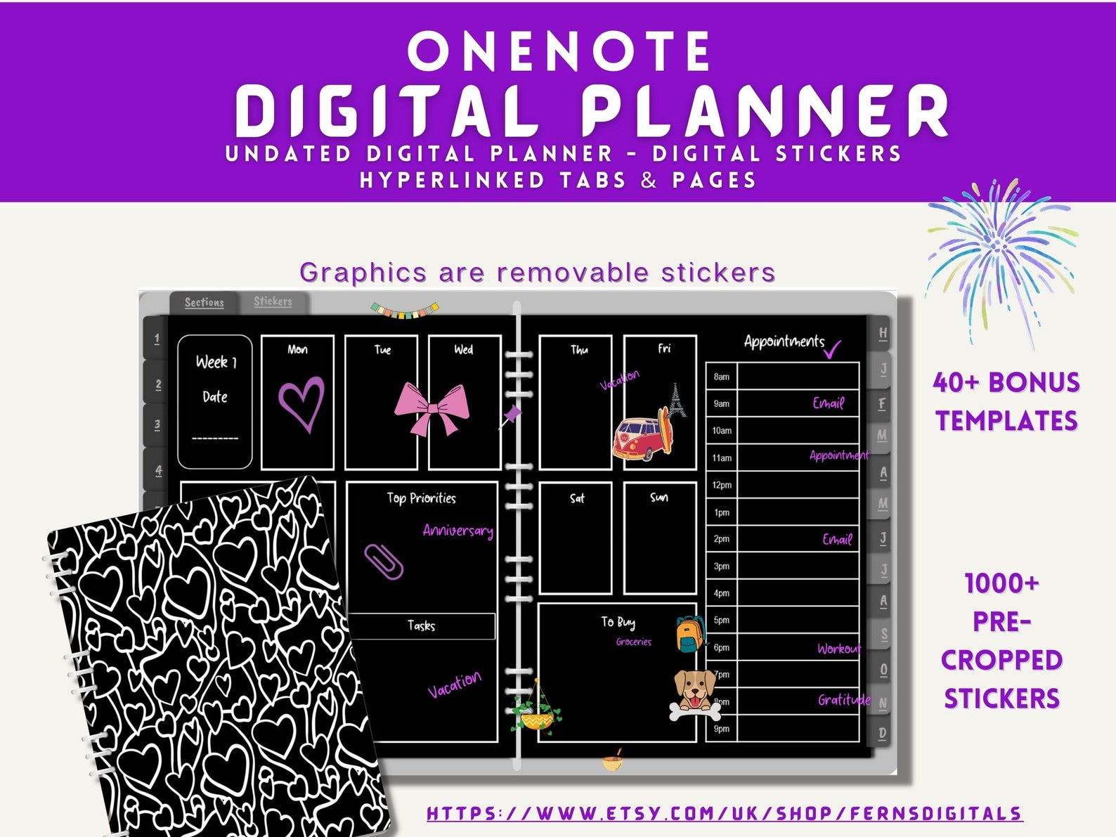 Onenote Digital Planner ~ Dark Theme ~ Undated ~ 1000 Plus Stickers - Etsy