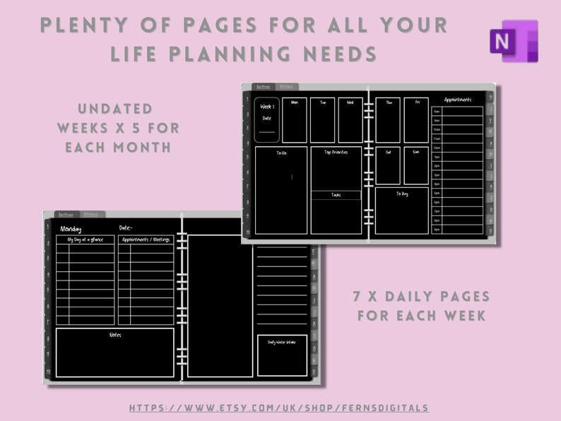 Onenote Digital Planner Dark Theme Undated 1000 Plus Stickers - Etsy