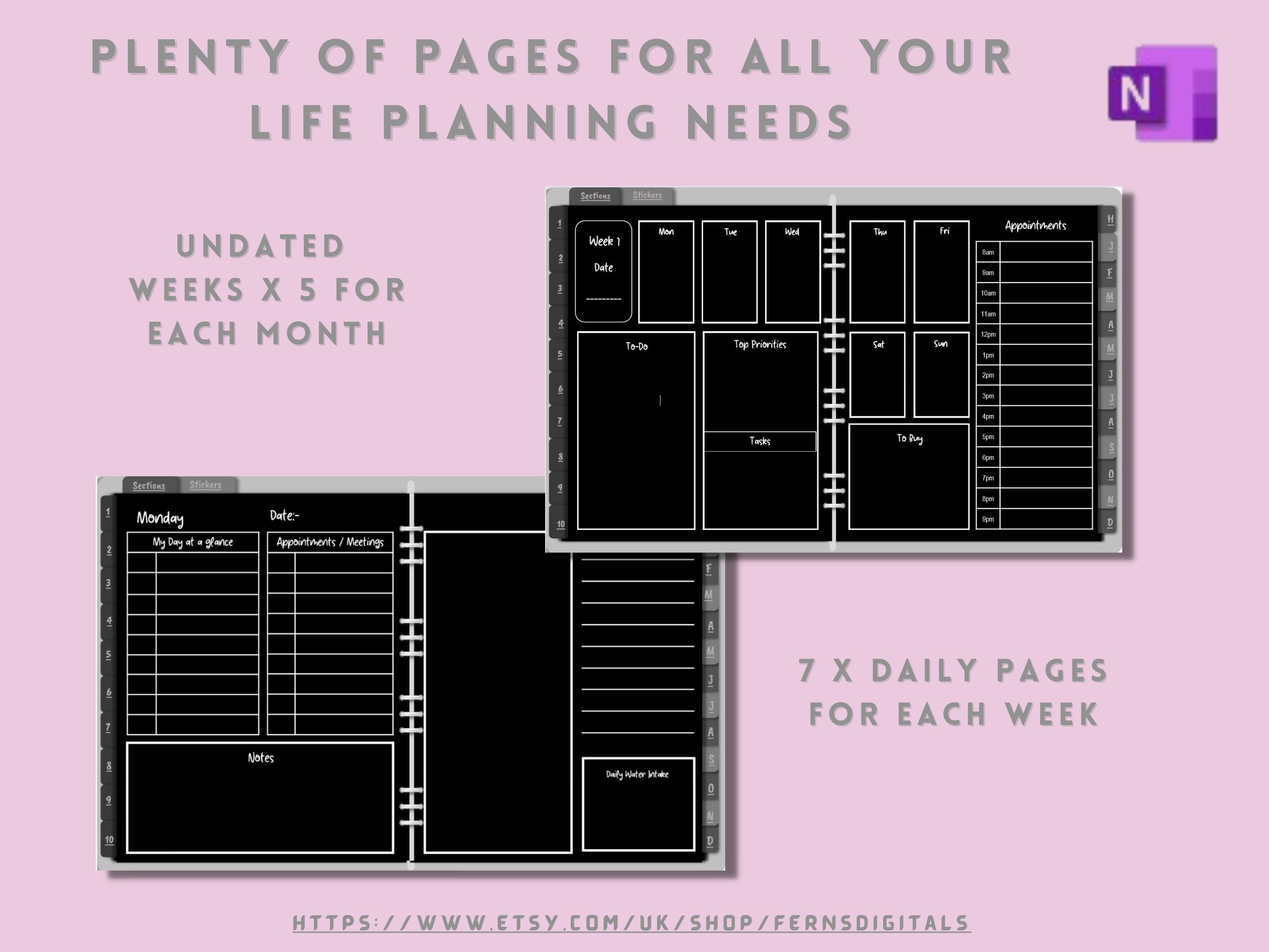 Onenote Digital Planner Dark Theme Undated 1000 Plus Stickers - Etsy