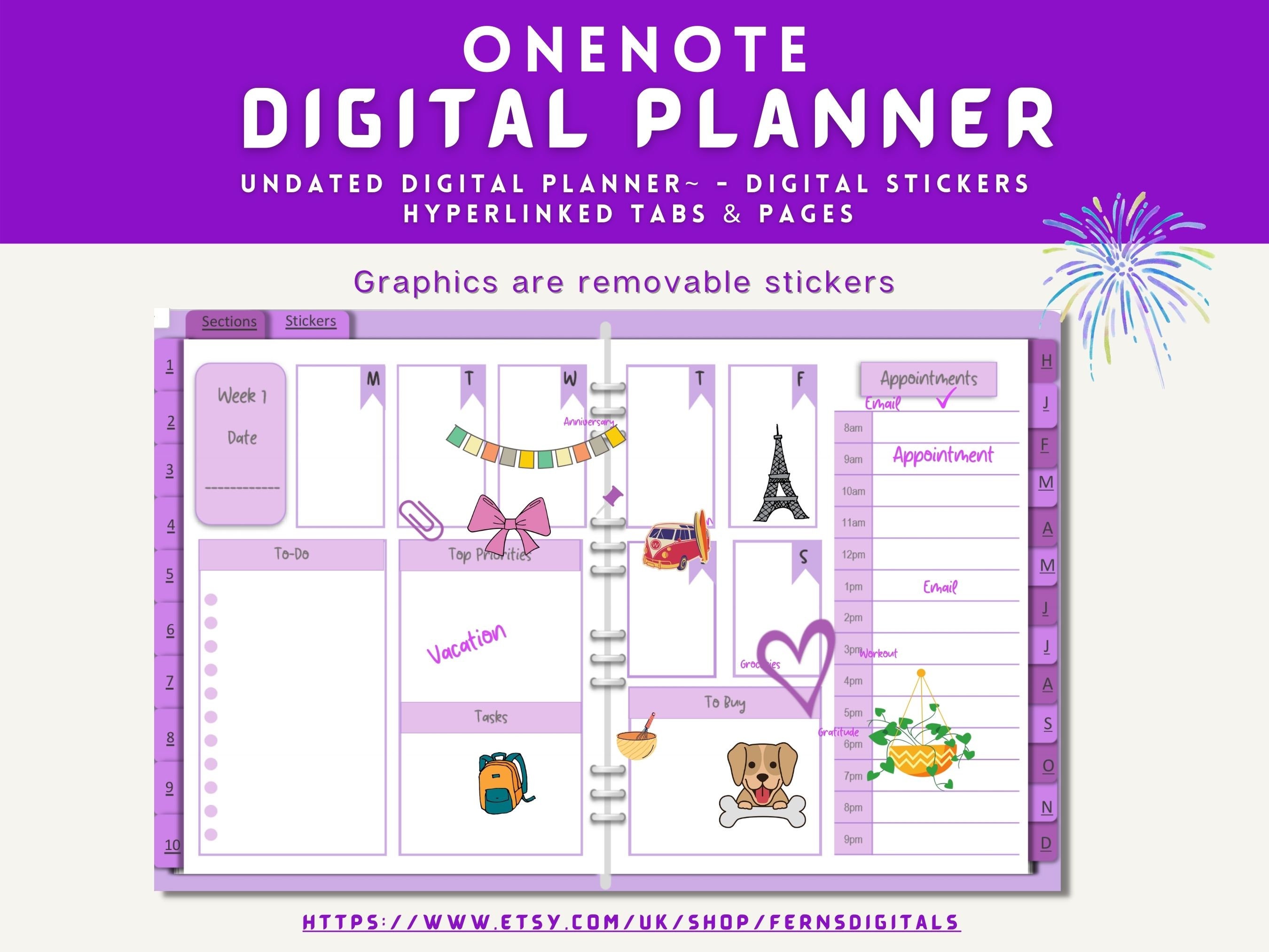 Onenote Digital Planner Hyperlinked Tab Undated 1000 Plus Stickers Ipad ...