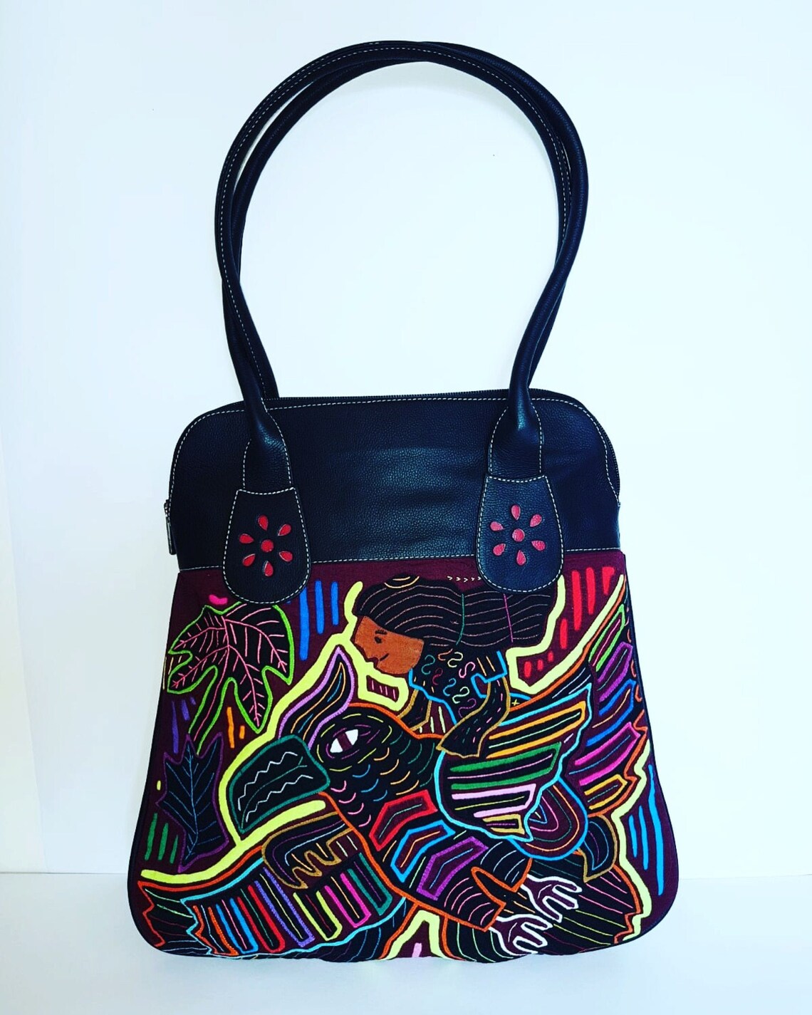 Handmade Leather Tote Bag With Native Mola Design - Etsy