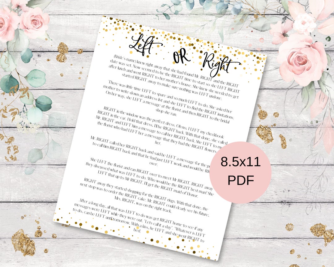 Wedding Shower Games, Bridal Shower Games, Instant Download, Left or ...