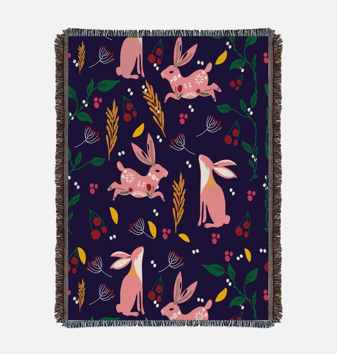 Scandinavian Folk Rabbit Throw Blanket: Rabbits Woven Throw Blanket ...