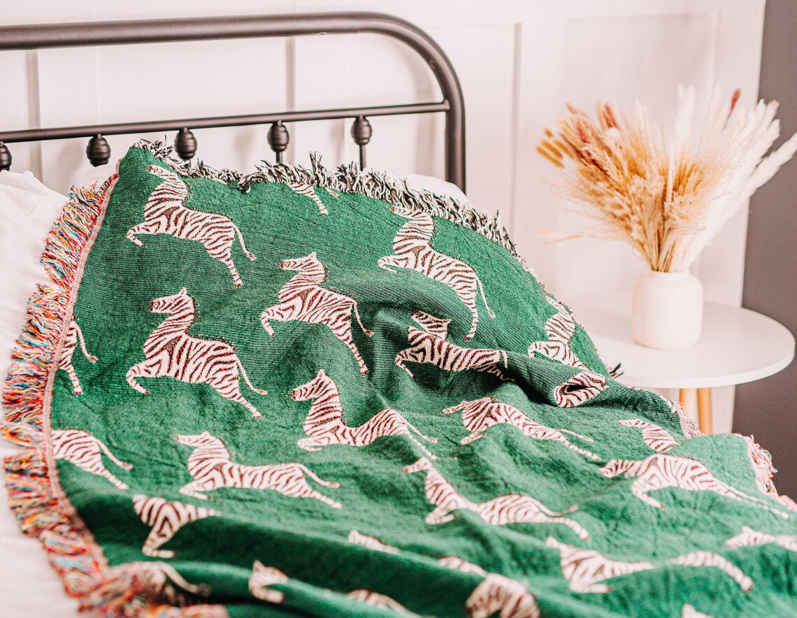Zebra Blanket: Green Zebra Pattern, Woven Throw Blanket, Wall Tapestry ...