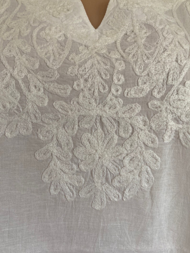 100% White Cotton Top With Embroidery Detail and 3/4 Length Sleeves ...