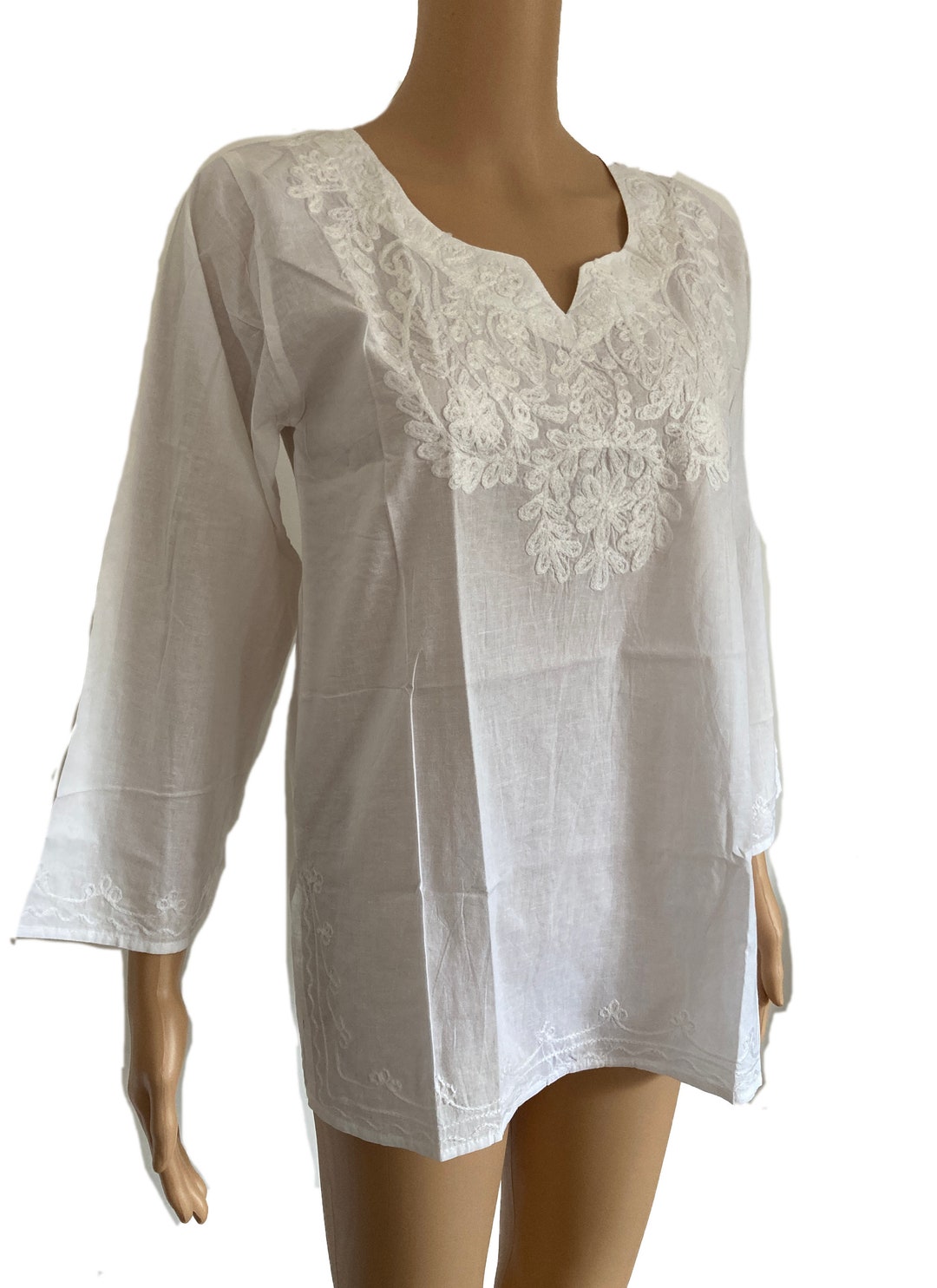 100% White Cotton Top With Embroidery Detail and 3/4 Length Sleeves ...