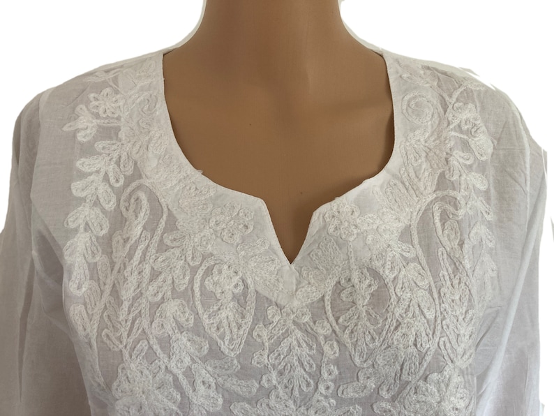 100% White Cotton Top With Embroidery Detail and 3/4 Length Sleeves ...