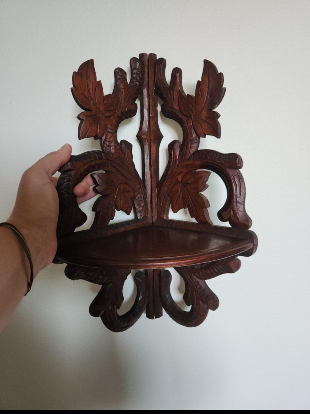 Folding Wooden Corner Shelf Boho Decor Plant Stand Carved Wood Vintage ...