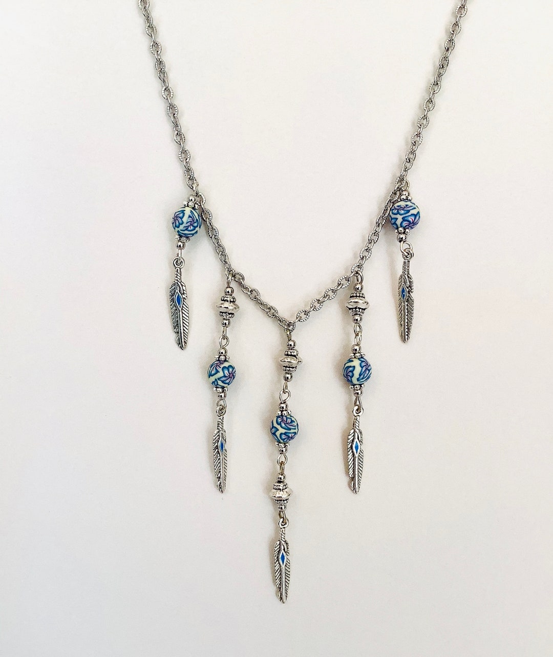 Waterfall Necklace With Feather Charms, Choose Necklace Length. Gift ...