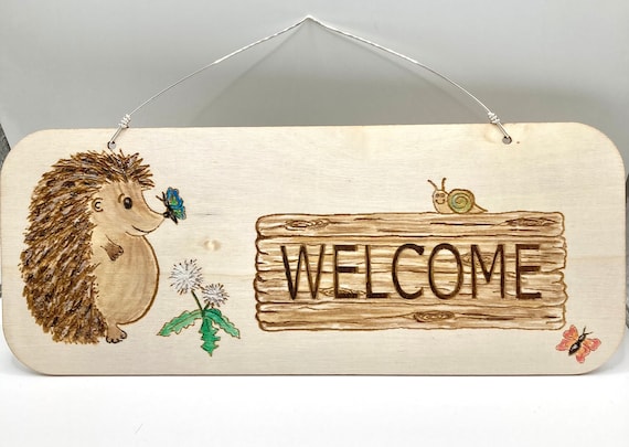 Hedgehog welcome Wood Sign. Original Art Hand Painted. A - Etsy