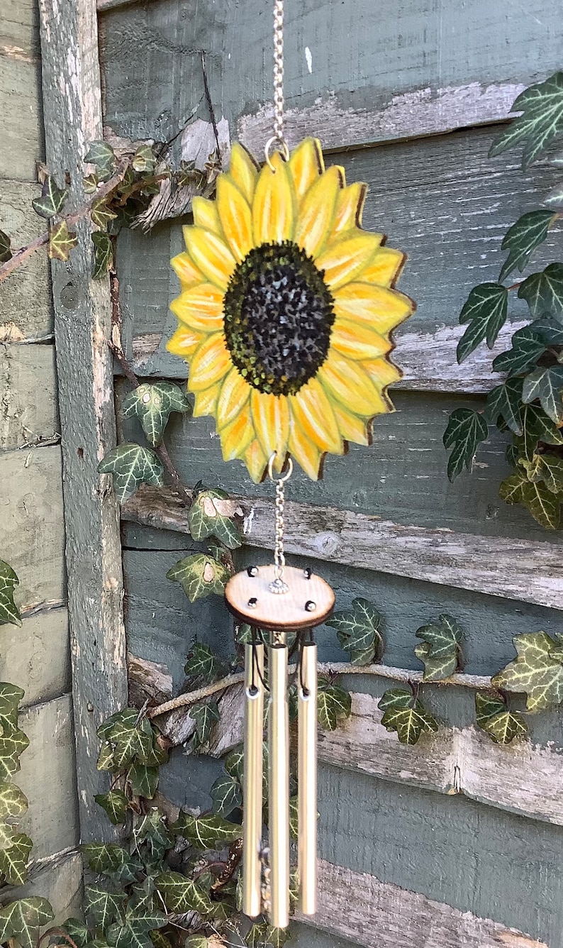 Hand Painted Wooden Sunflower Wind Chime. Aluminium Chimes for a Gentle ...