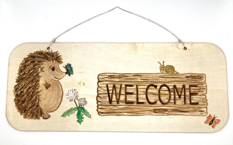 Hedgehog welcome Wood Sign. Original Art laser Etched and | Etsy