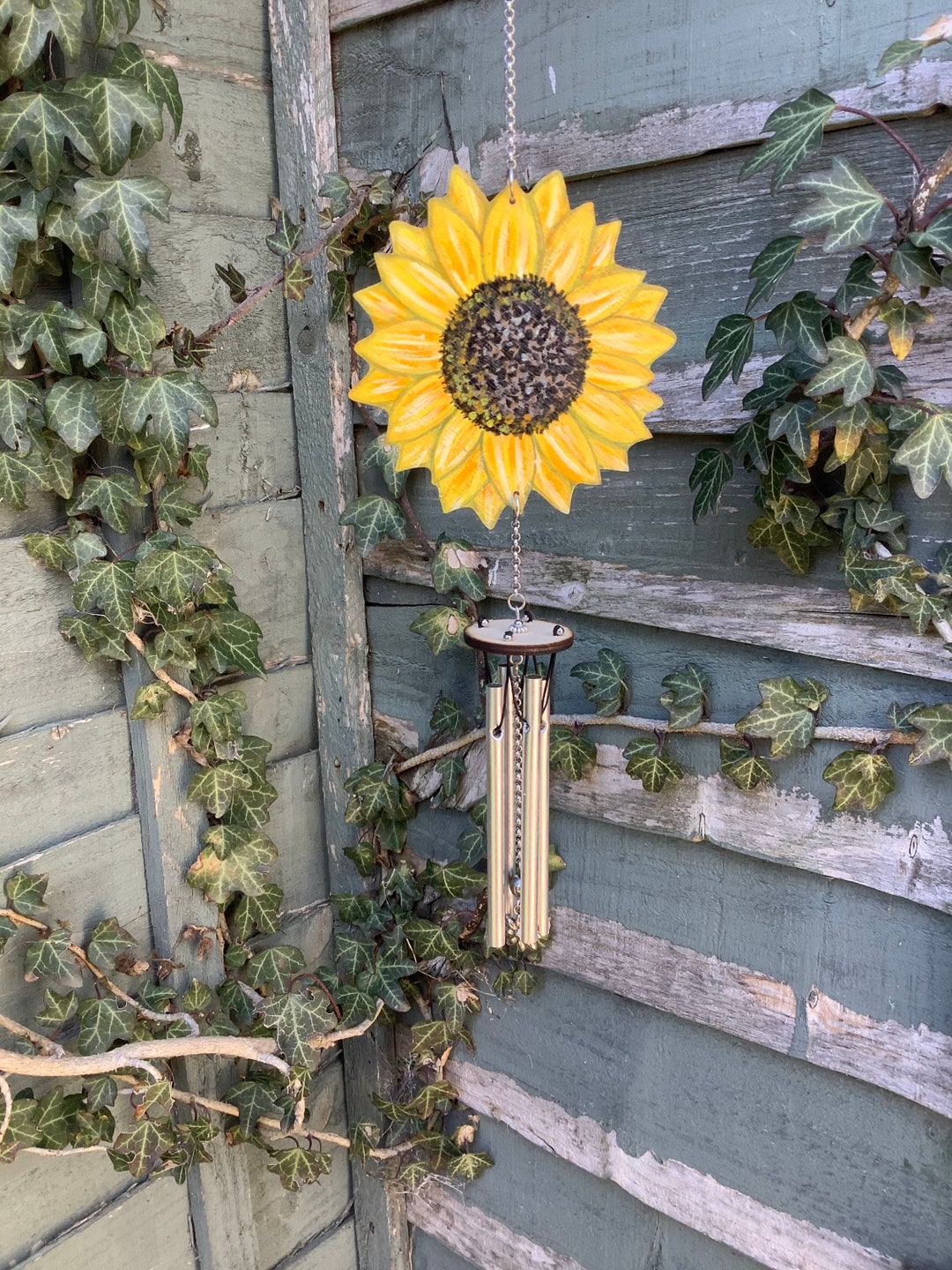 Hand Painted Wooden Sunflower Wind Chime. Aluminium Chimes for a Gentle ...