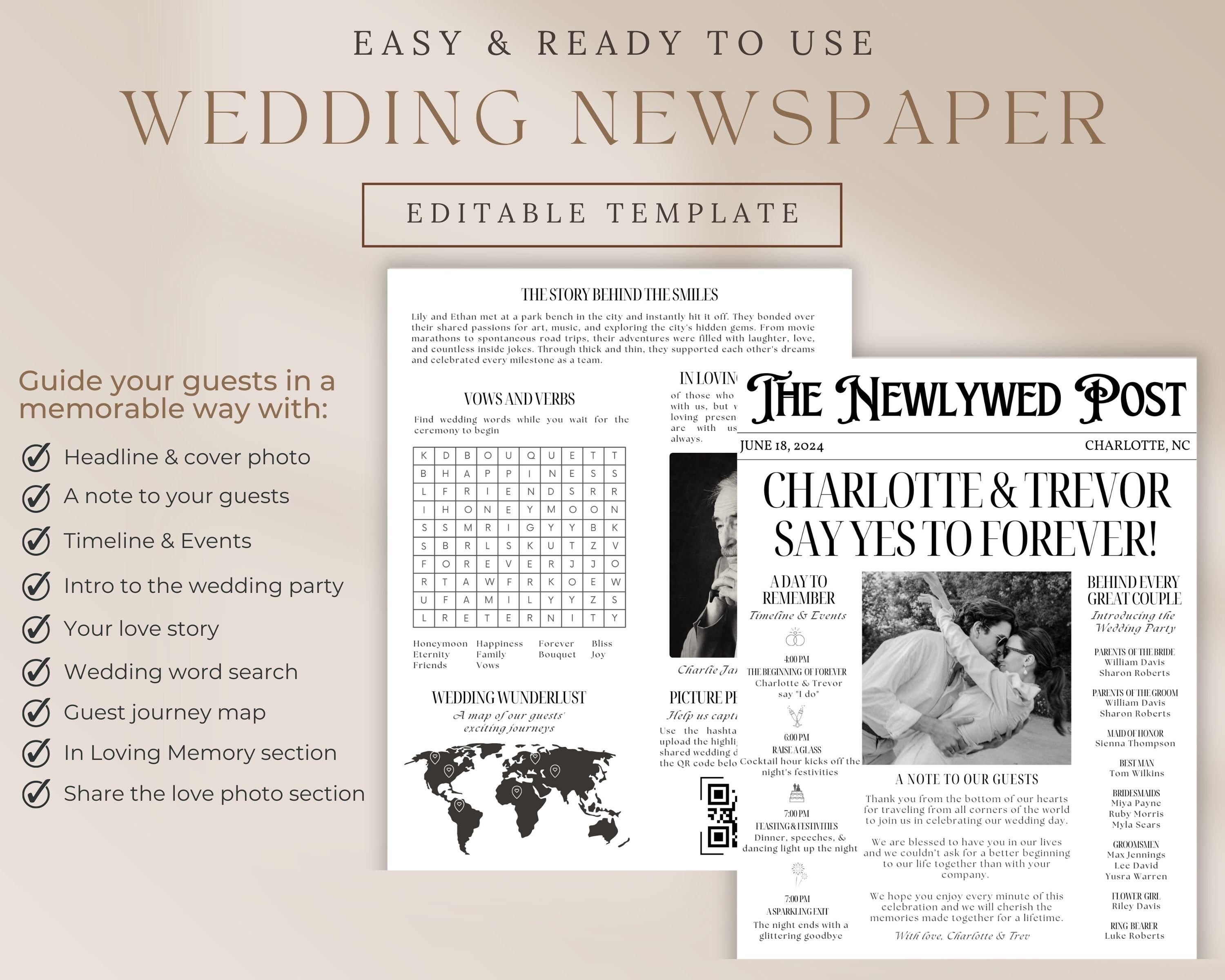 Wedding Newspaper Program Template, Editable Wedding Infographic ...