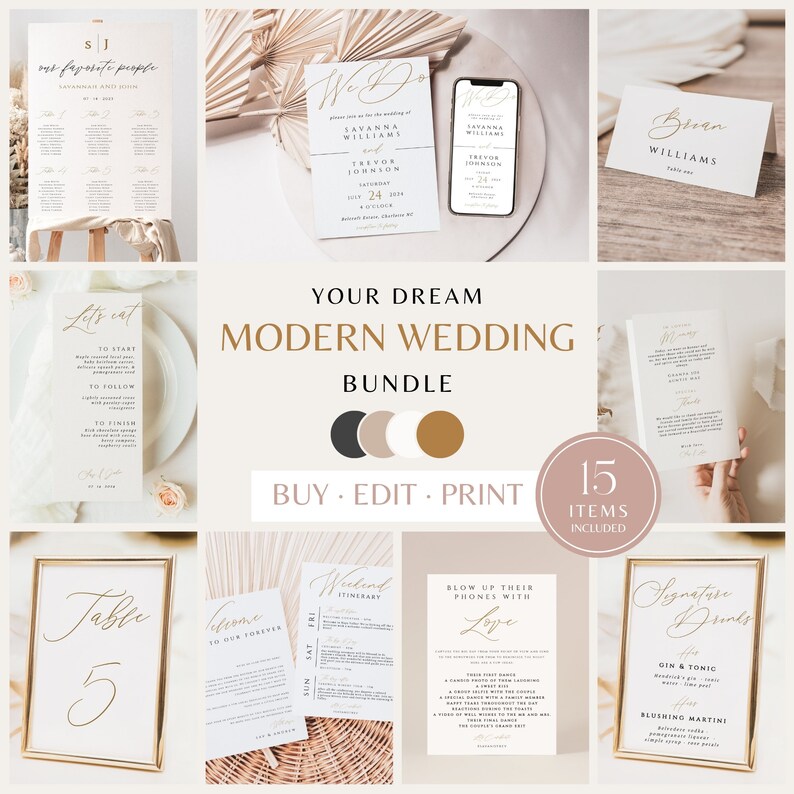 Digital Wedding Invitation and Sign Bundle, Editable Templates ...