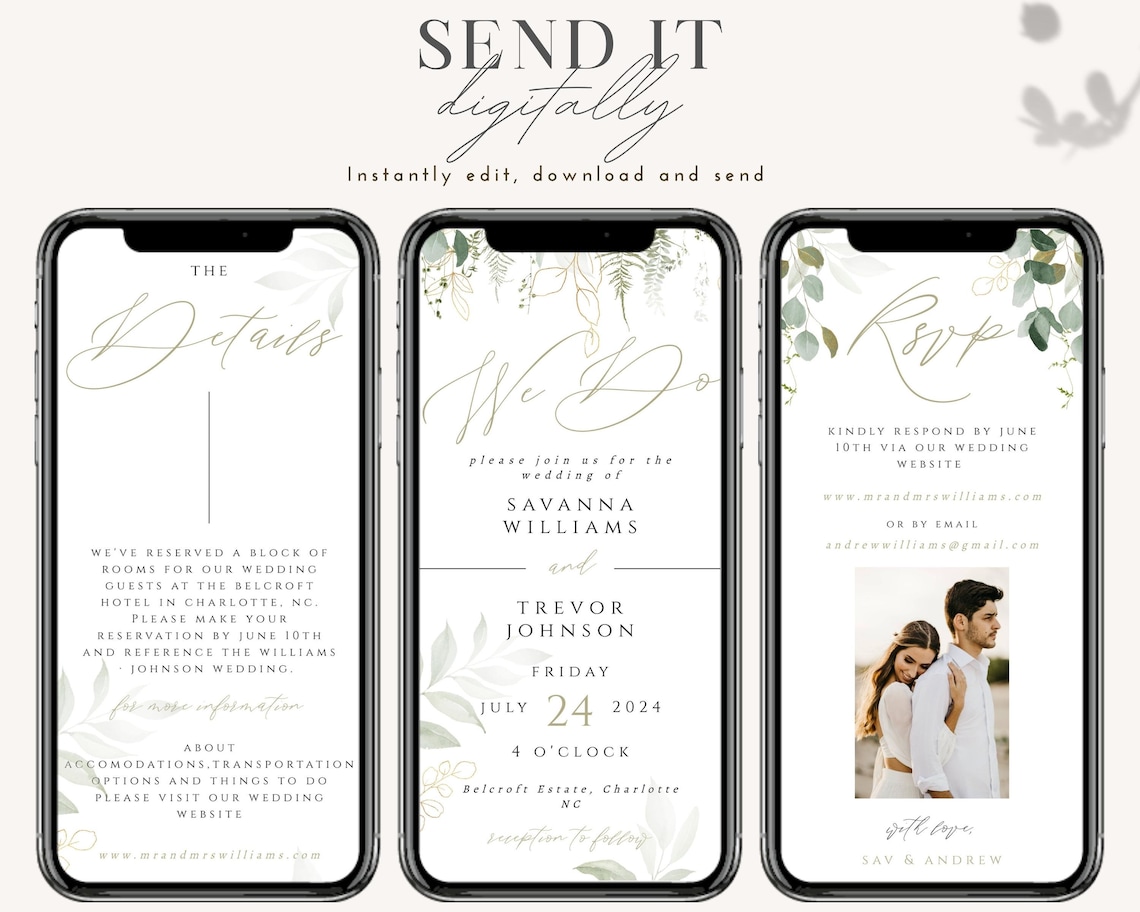 Digital Wedding Invitation, Electronic Wedding Invitation, Greenery ...