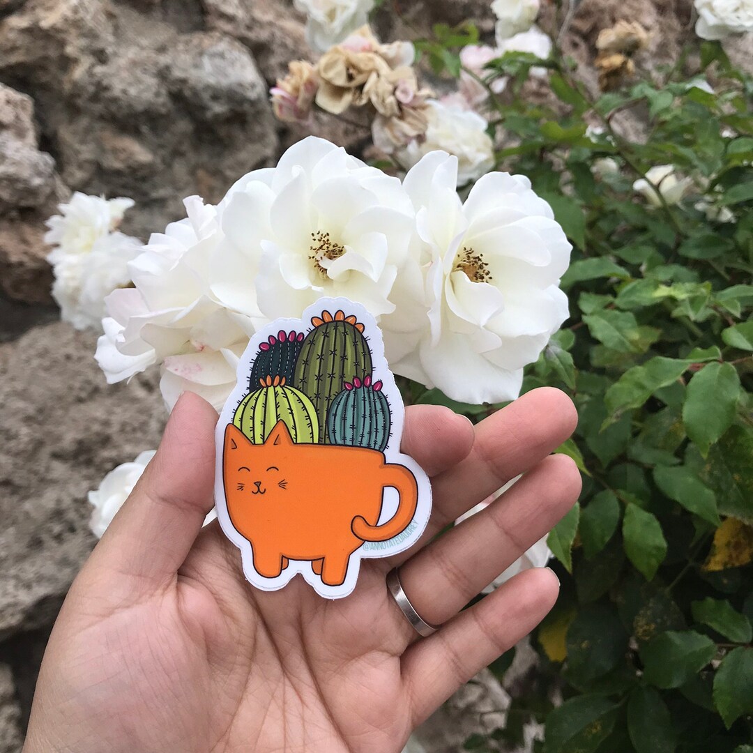 Cactus Cat Vinyl Sticker: Weatherproof Potted Succulent Decal - Etsy