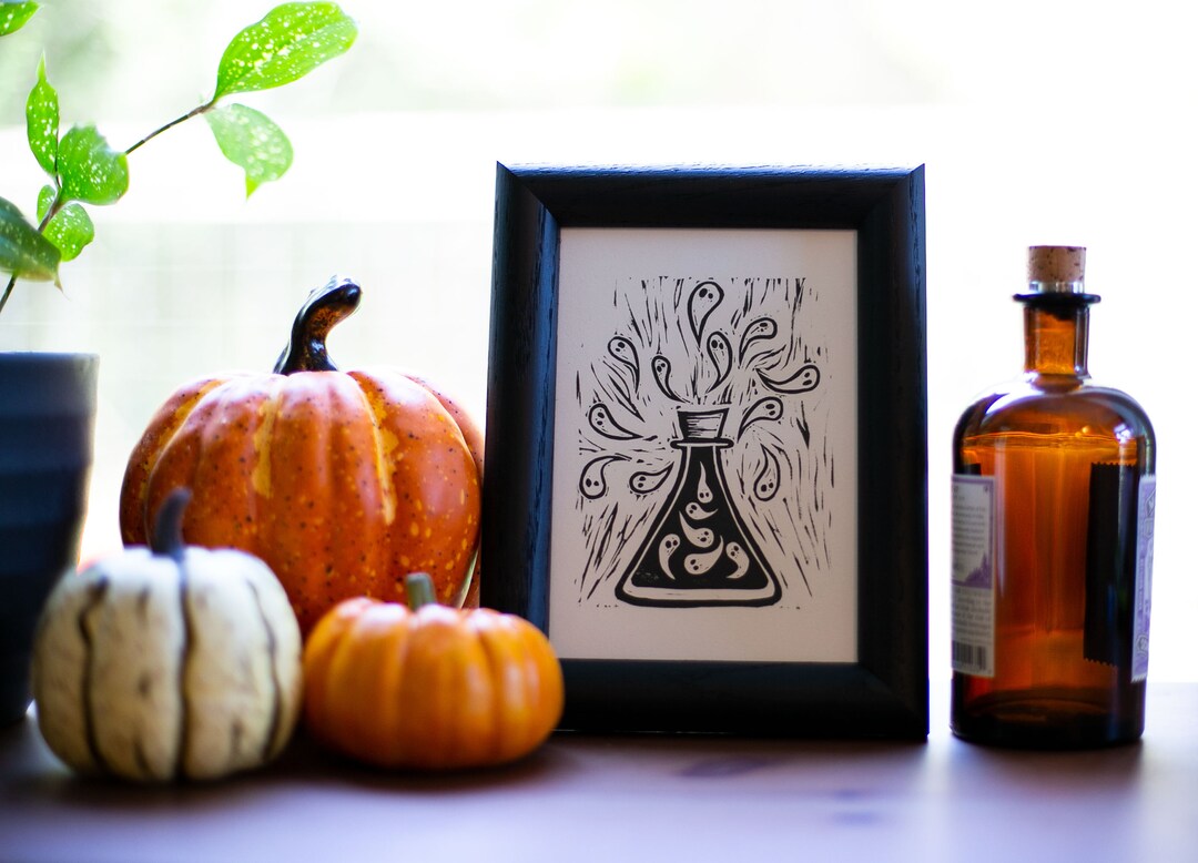 Halloween Ghost Potion Lino Cut Print, Wall Decor, Handmade. 5 X 7 ...