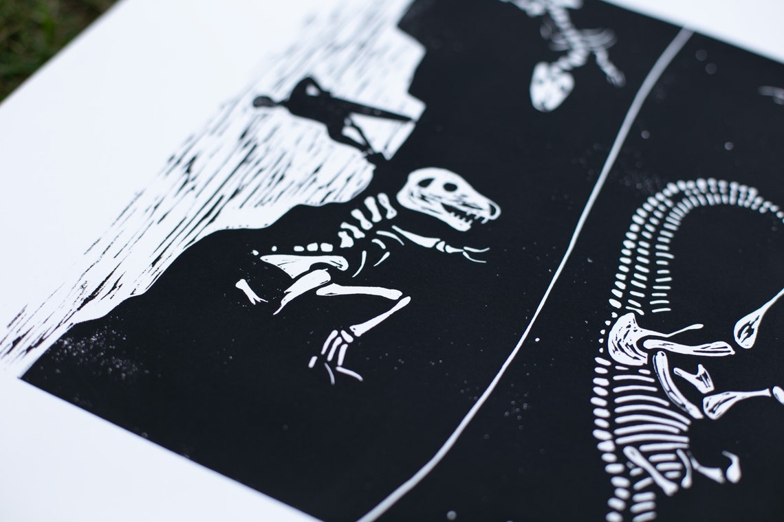 Digging for Dinos, Dinosaur Excavation Print, Linocut Poster 18x24 ...