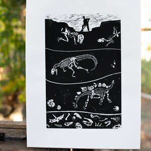 Digging for Dinos, Dinosaur Excavation Print, Linocut Poster 18x24 ...