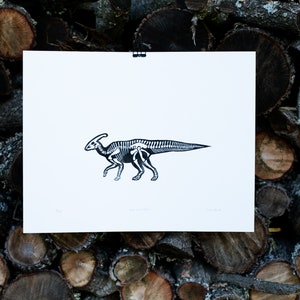 Parasaurolophus, Parasaur Art Print, Dinosaur Skeleton Linocut Poster ...