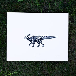 Parasaurolophus, Parasaur Art Print, Dinosaur Skeleton Linocut Poster ...