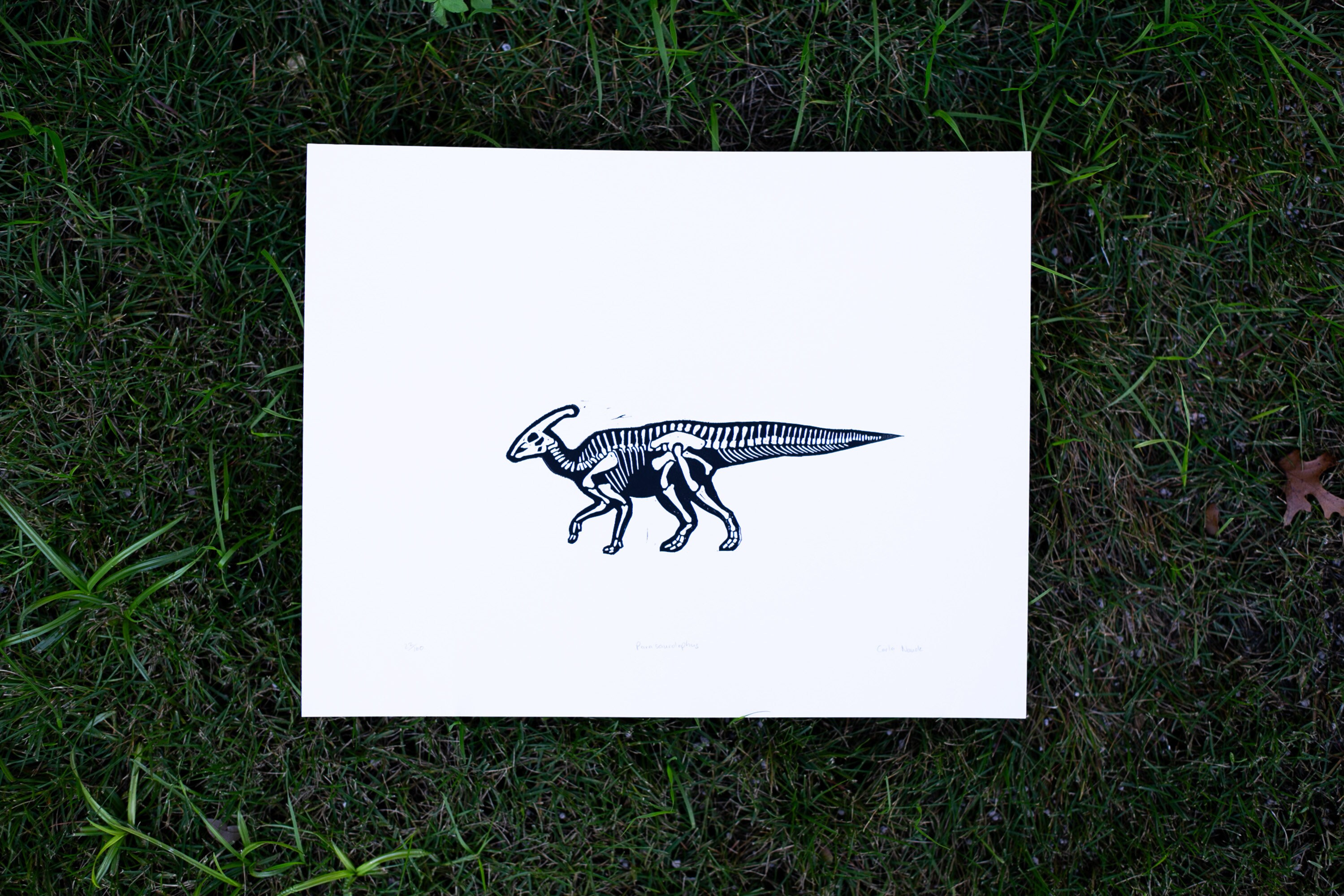 Parasaurolophus, Parasaur Art Print, Dinosaur Skeleton Linocut Poster ...