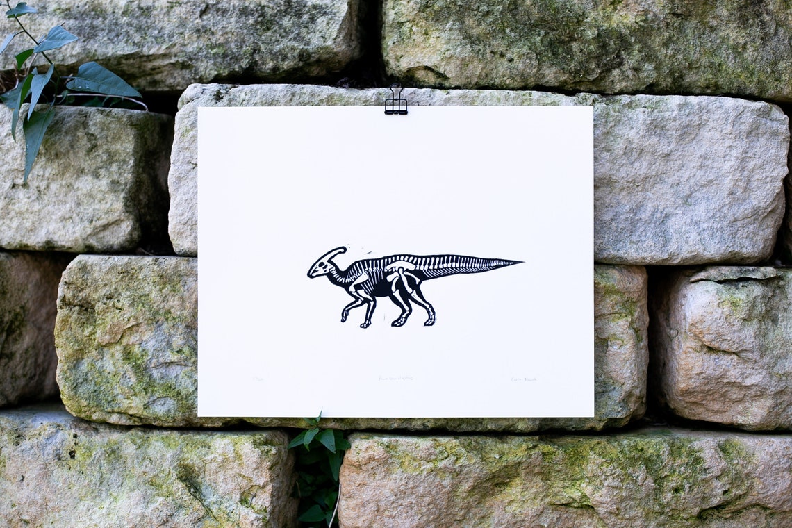 Parasaurolophus, Parasaur Art Print, Dinosaur Skeleton Linocut Poster ...