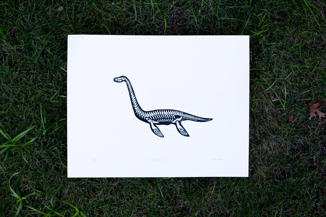 Plesiosaurus, Plesiosaur Art Print, Dinosaur Skeleton Linocut Poster ...
