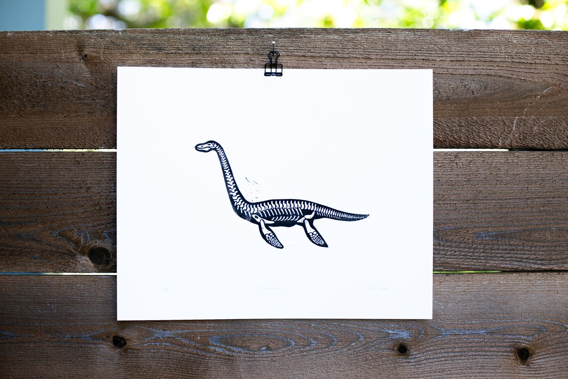 Plesiosaurus, Plesiosaur Art Print, Dinosaur Skeleton Linocut Poster ...